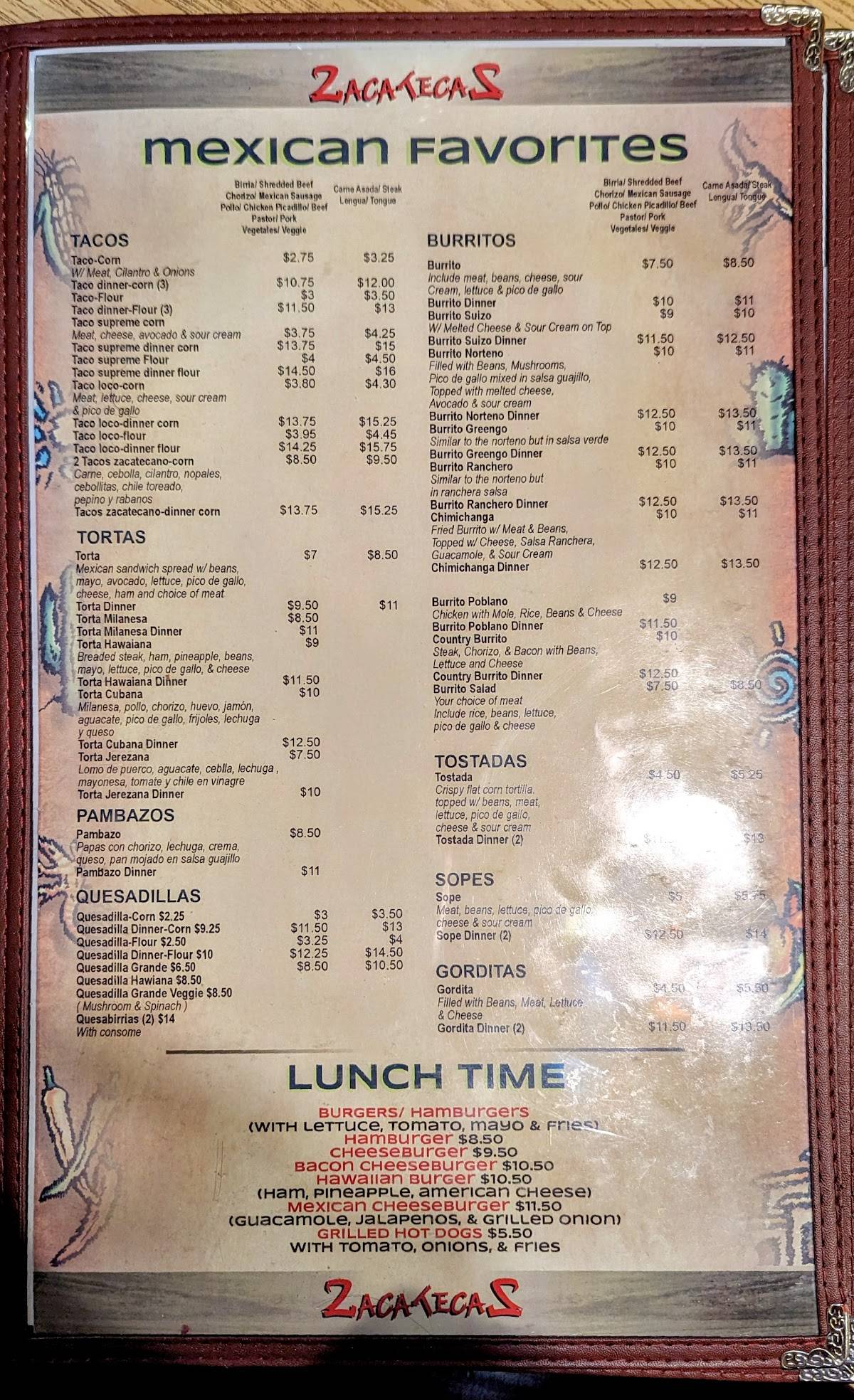 Menu at Zacatecas Mexican Restaurant, Franklin Park, Grand Ave