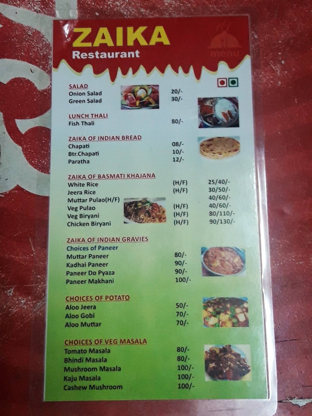 Menu at Zaika Restaurant, Arga