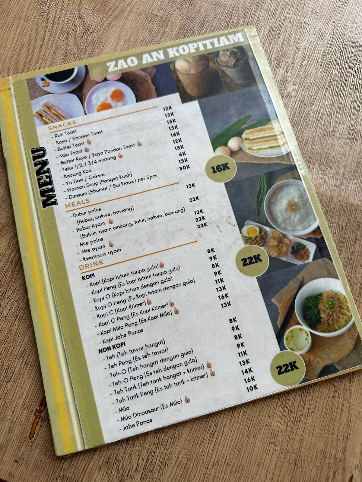 Menu at Zao An Kopitiam, Surabaya