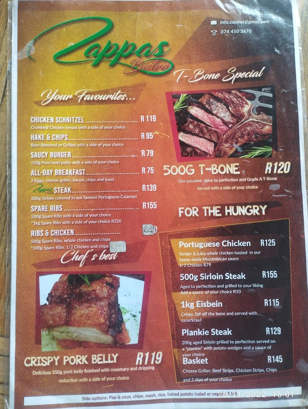 Menu at Zappas Restaurant, Pretoria
