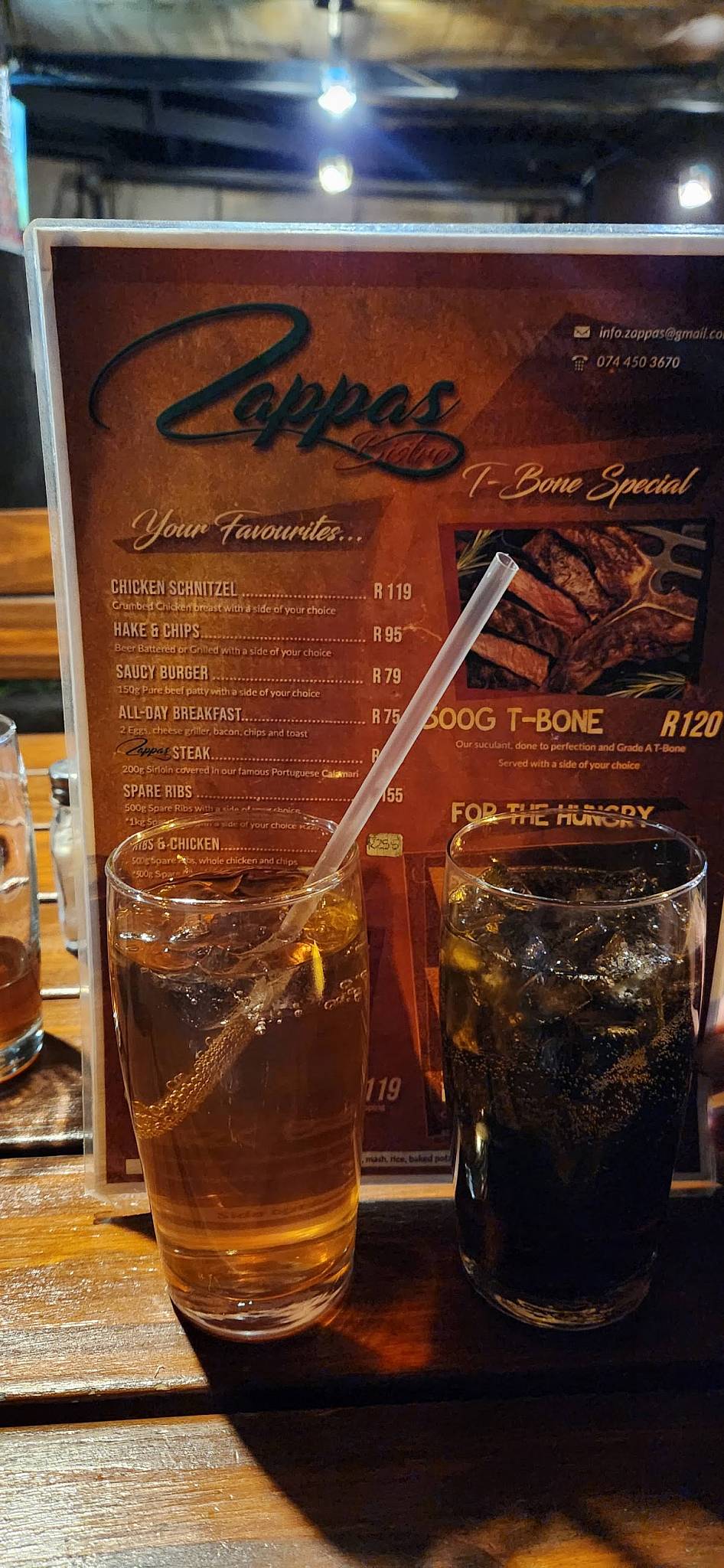 Menu at Zappas Restaurant, Pretoria