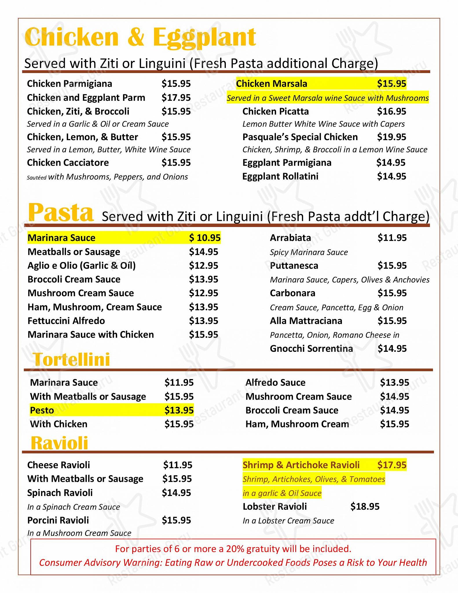 Menu at Ziti's Italian Trattoria pizzeria, Natick