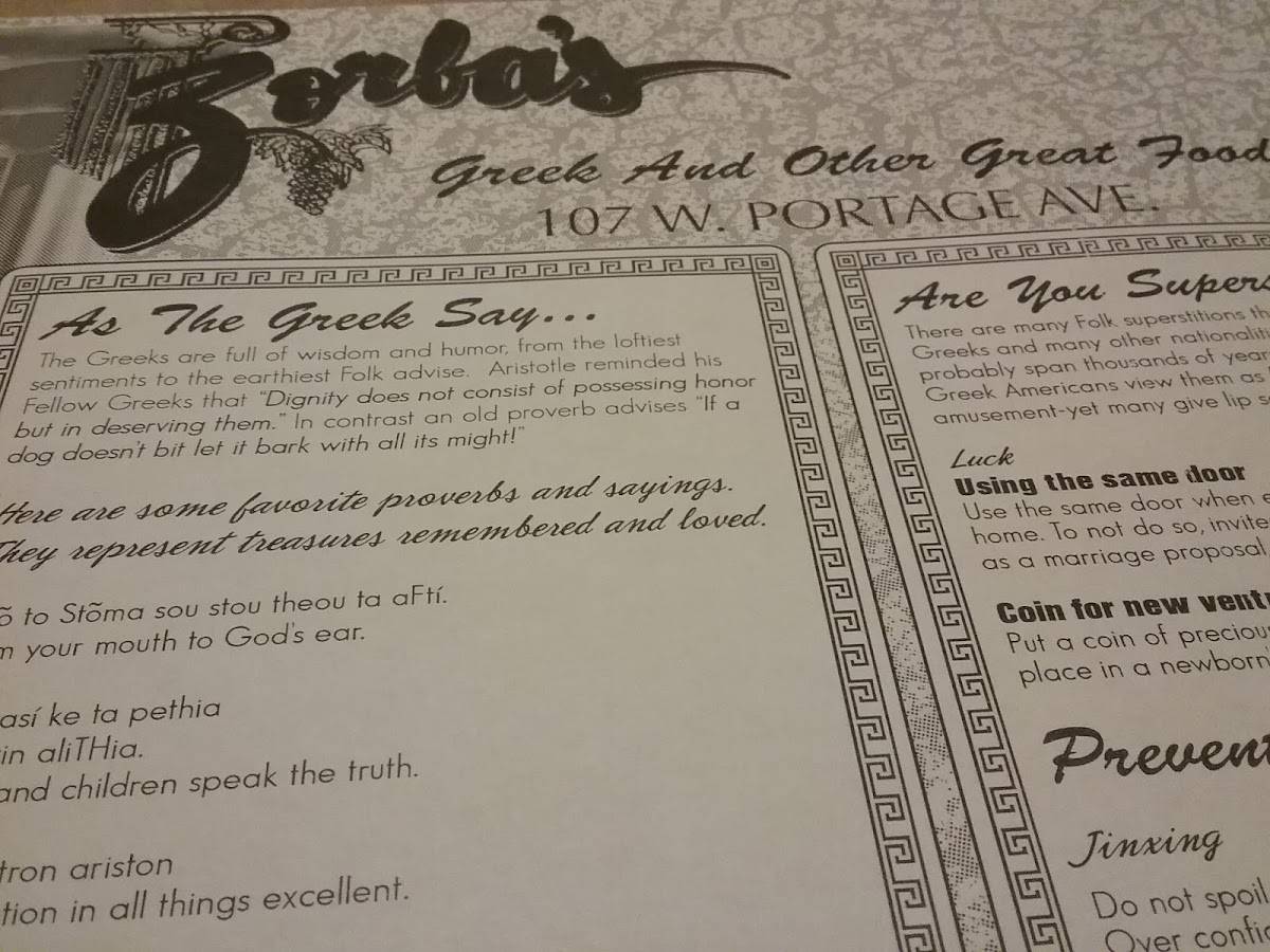 Menu at Zorba’s Greek American Restaurant, Sault Ste. Marie