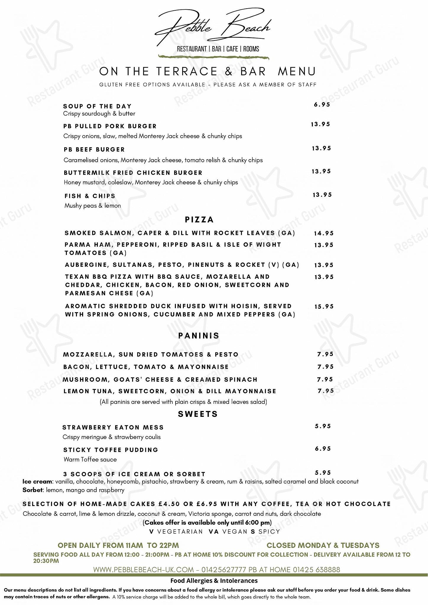 Menu at Pebble Beach Restaurant, Barton on Sea