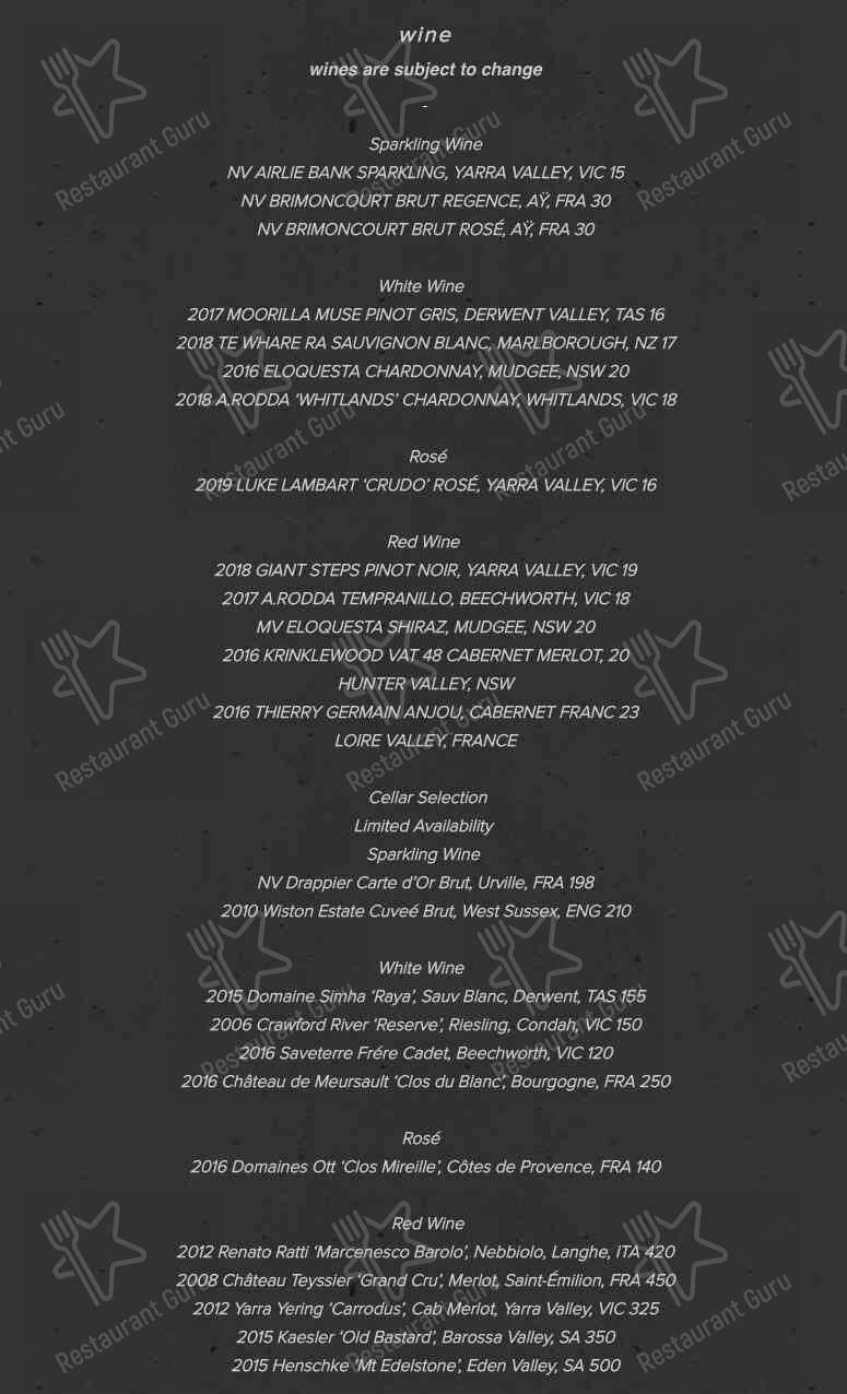 Menu at NEL restaurant, Sydney