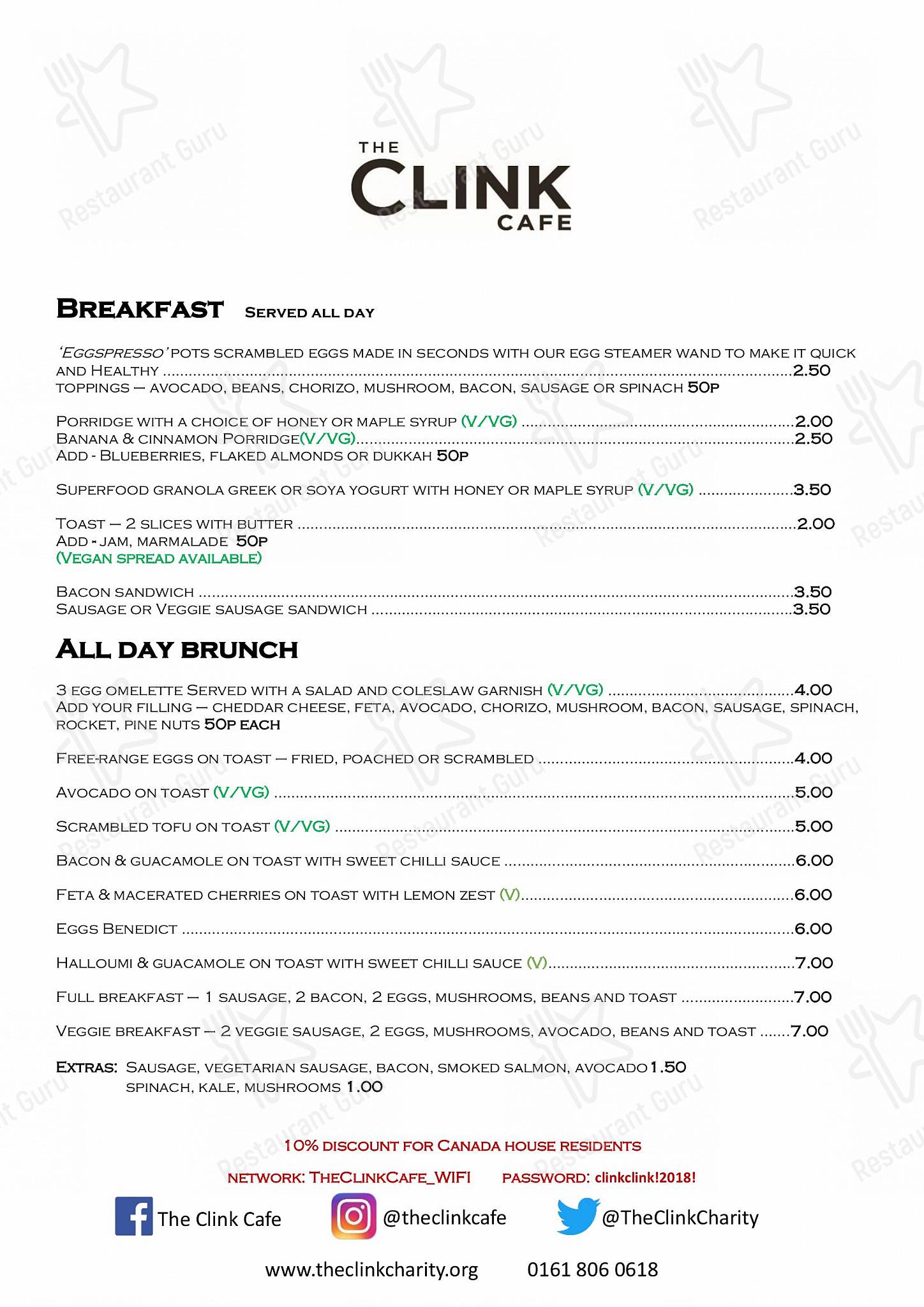 Menu at The Clink Cafe, Manchester