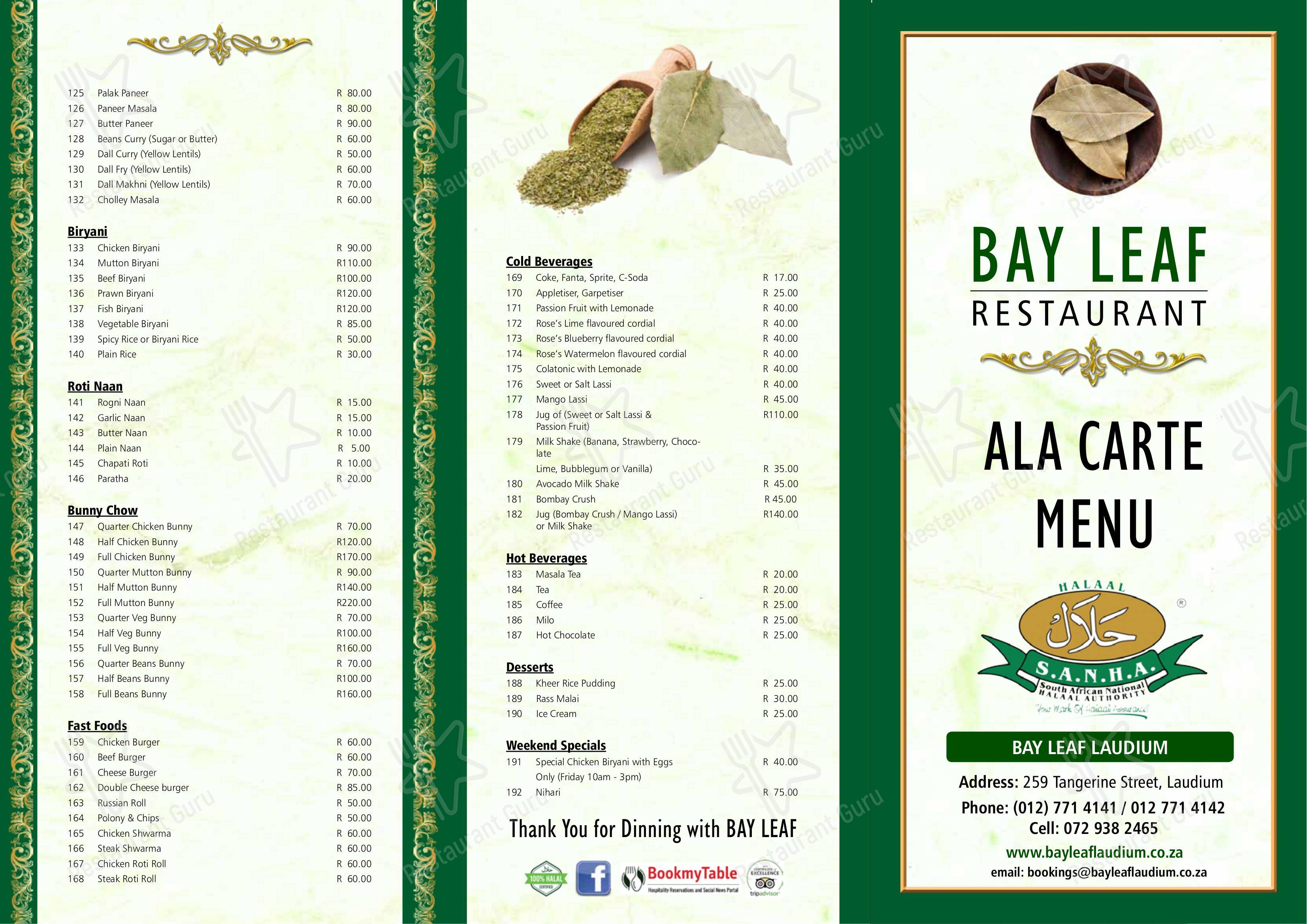 Menu at Bay Leaf Laudium restaurant, Centurion