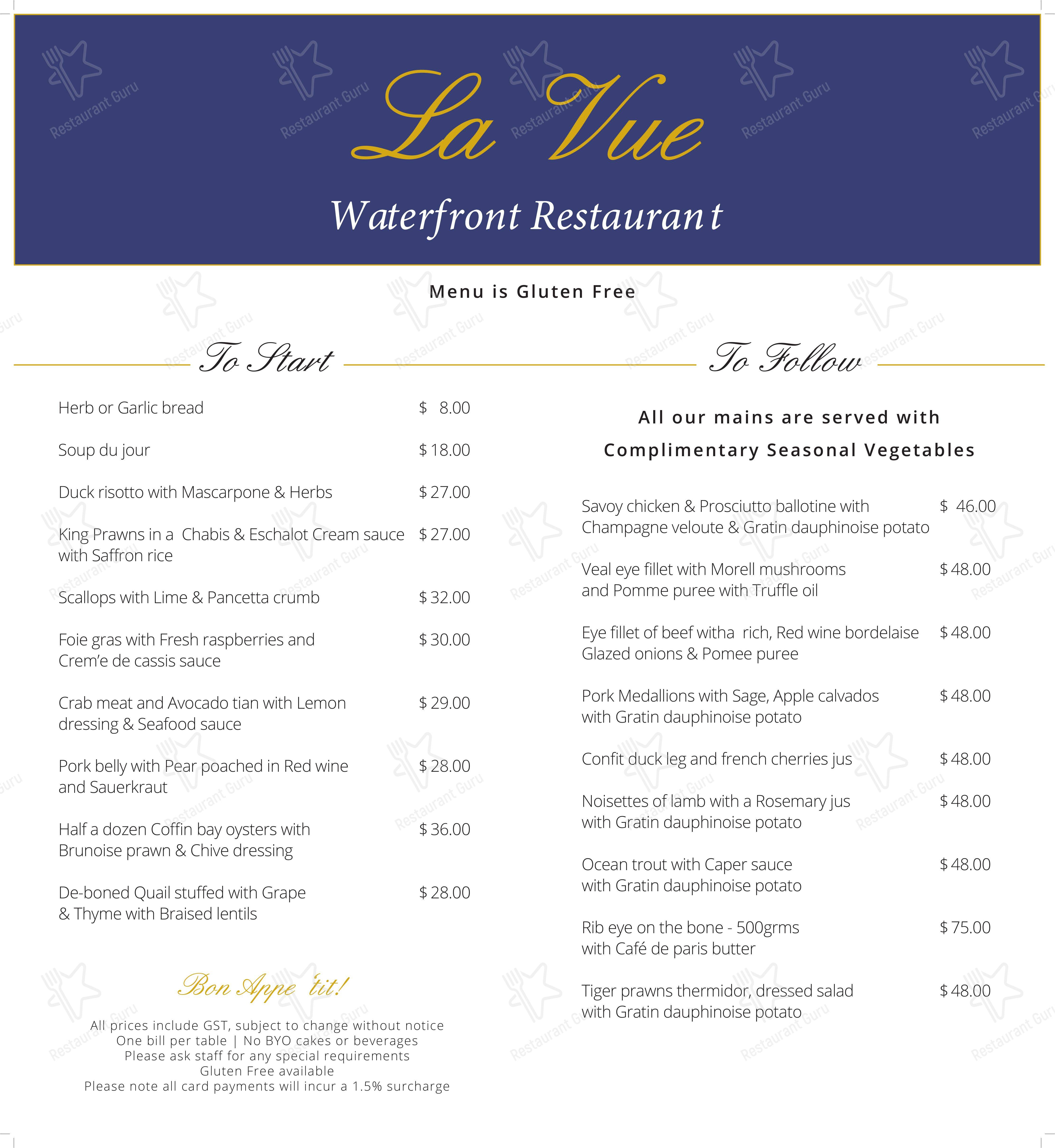 Menu at La Vue Waterfront Restaurant, Brisbane City