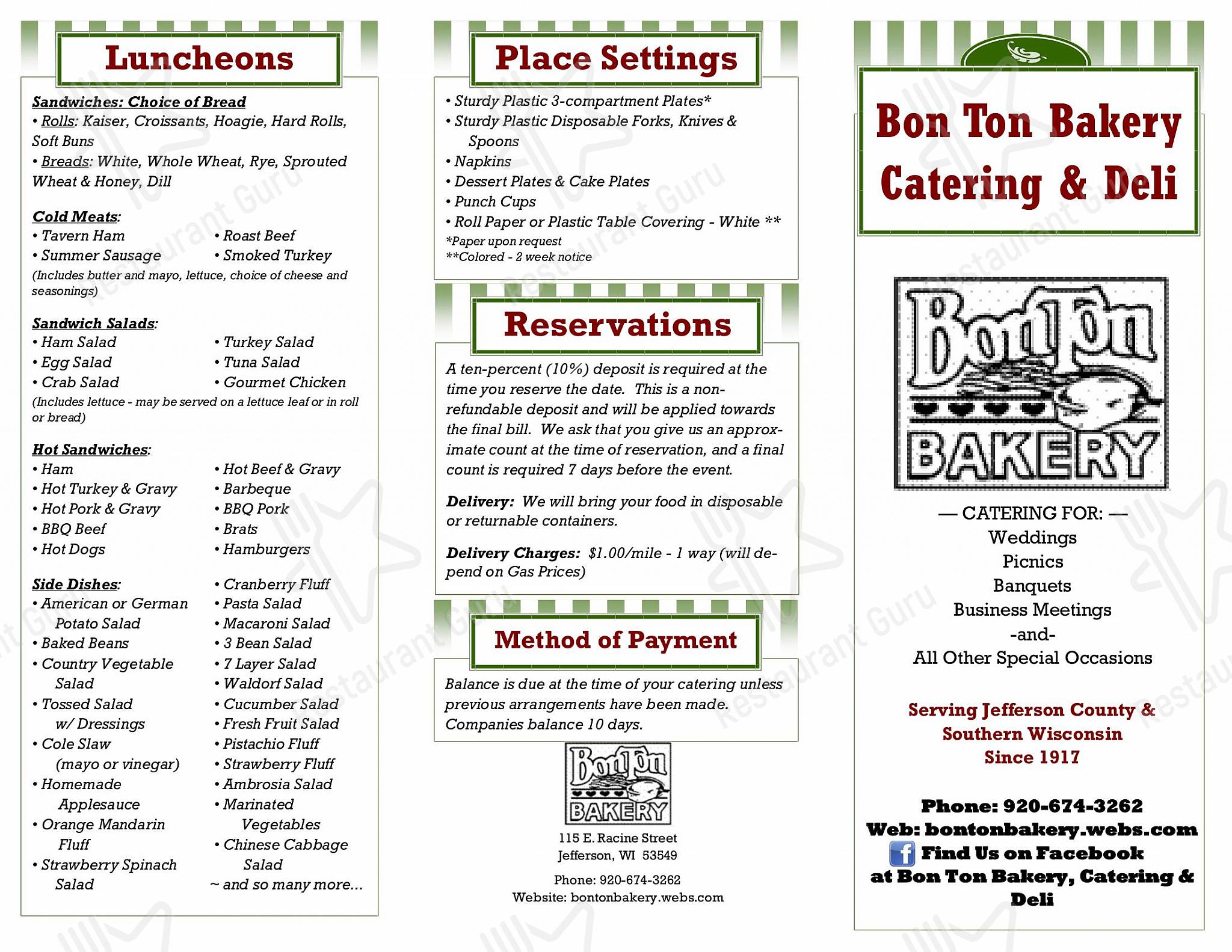 Menu at Bon Ton Bakery, Jefferson