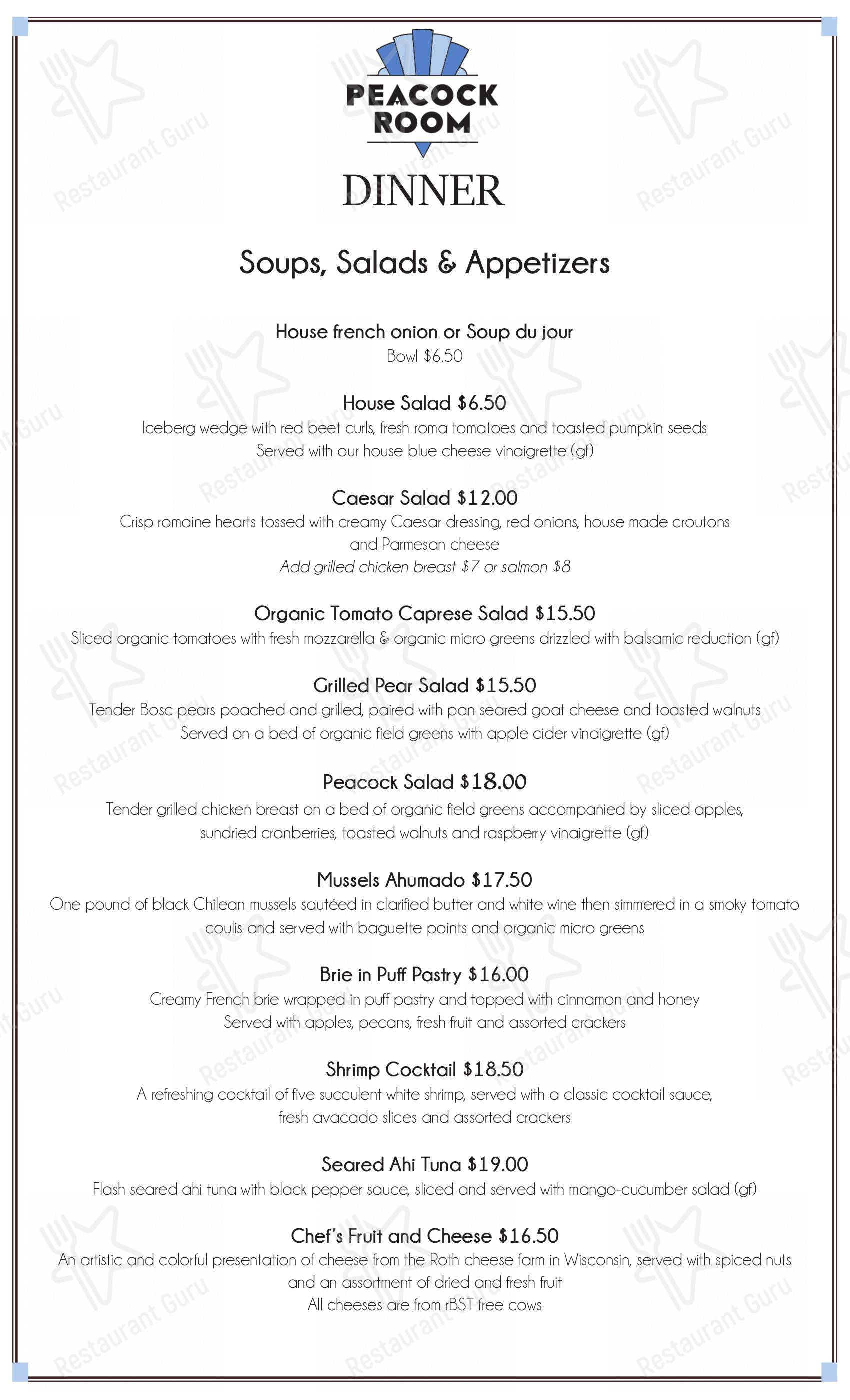 Menu at Peacock Room-Hassayampa Inn pub & bar, Prescott