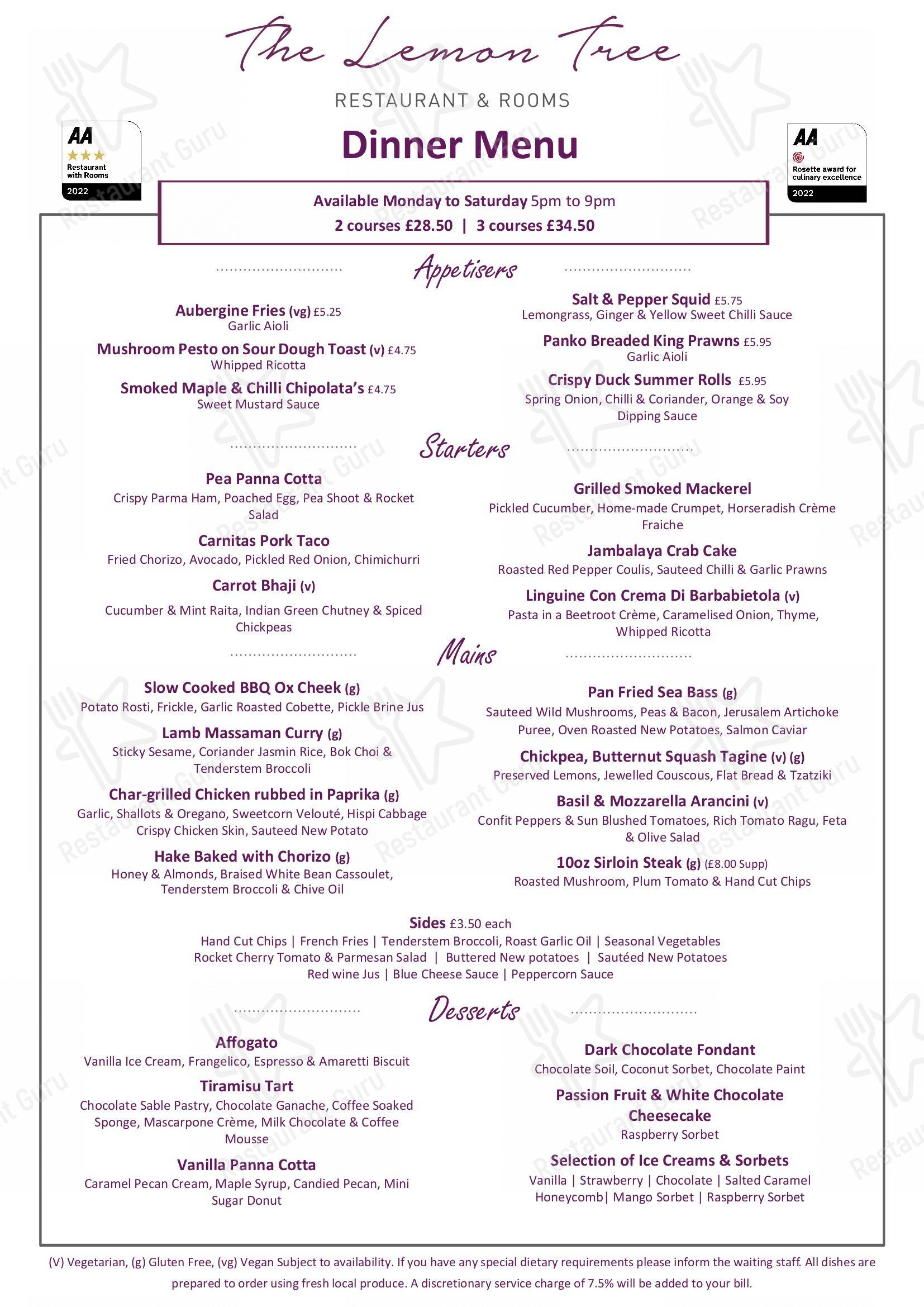 Menu at The Lemon Tree Restaurant With Rooms, Wrexham