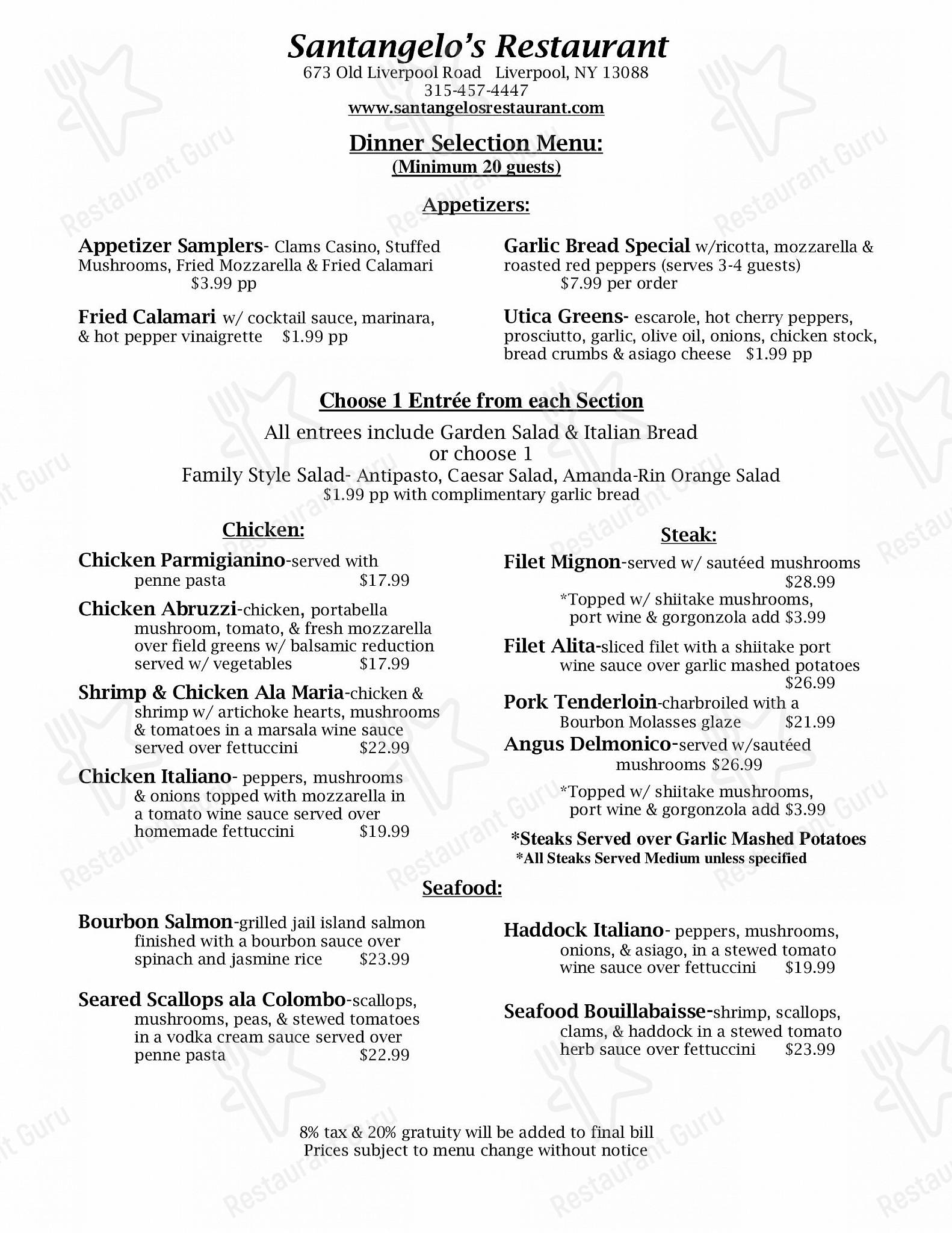 Menu at Santangelo's Restaurant, Liverpool
