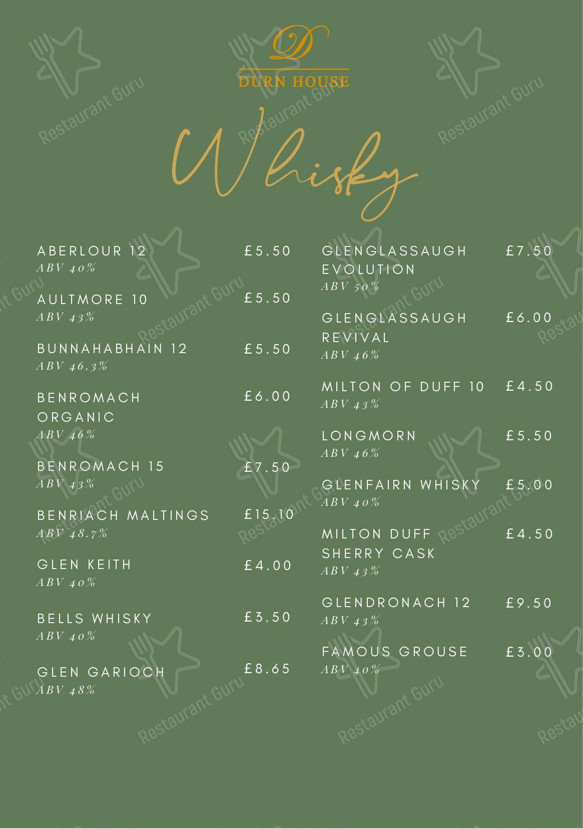 Menu at Durn House restaurant, Portsoy