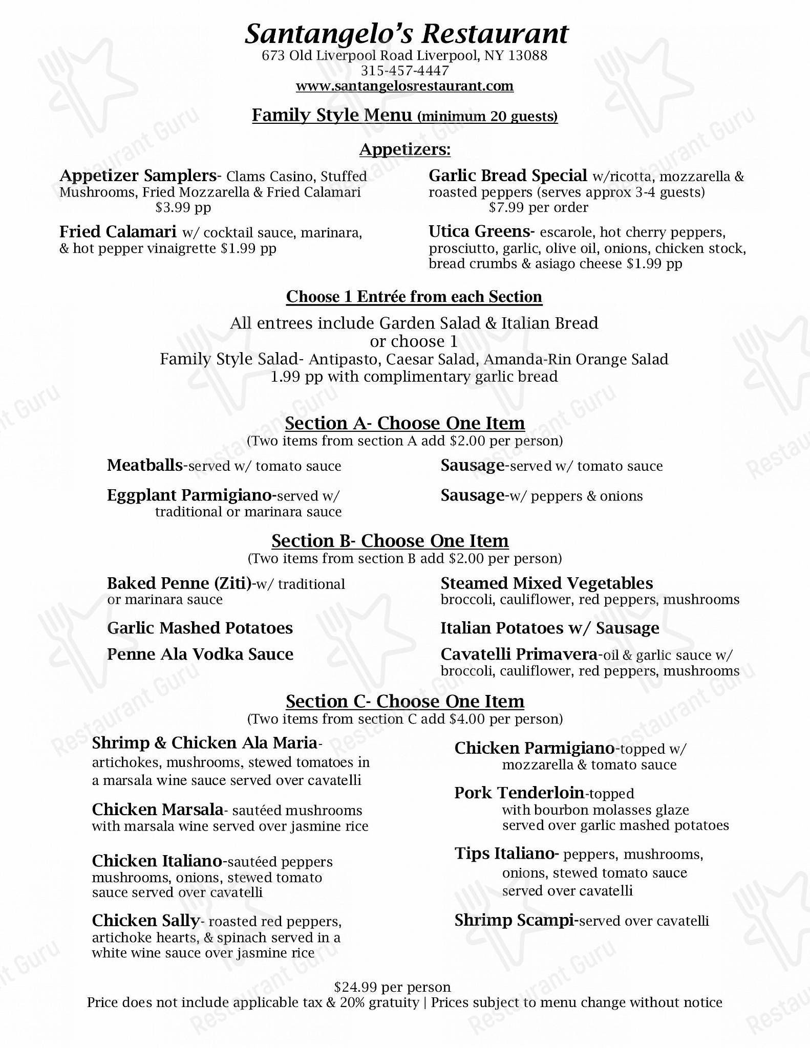 Menu at Santangelo's Restaurant, Liverpool