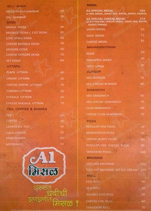 Menu at A1 Misal House & Nasta Center, Pune
