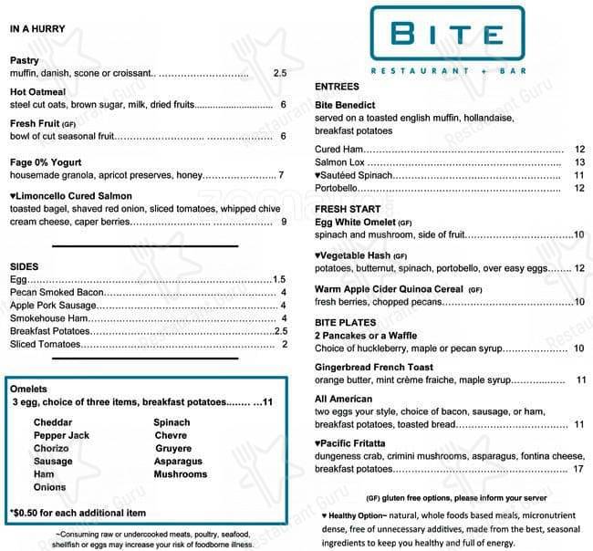 Menu at BITE restaurant, Tacoma