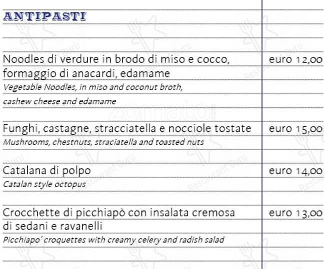 Menu at Coromandel restaurant, Rome