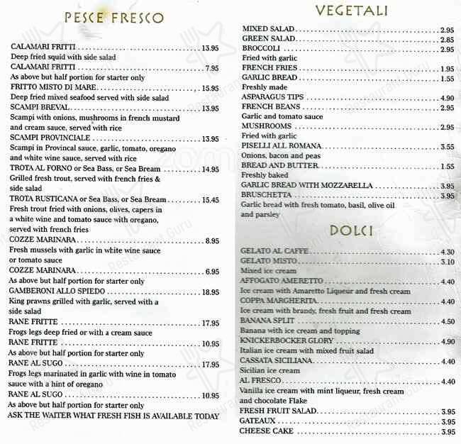 Menu at La Rusticana restaurant, Edinburgh, Hobart House