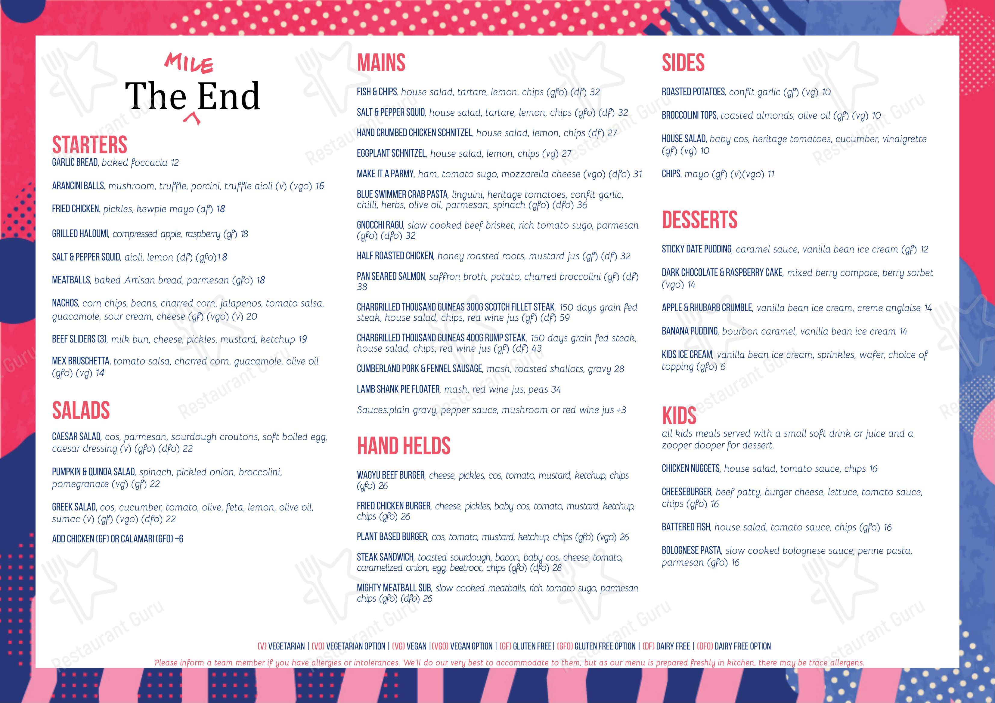 Menu at Mile End Hotel restaurant, Mile End