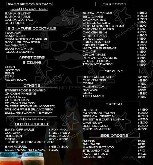 Menu at Papa Doms Bar and Restaurant - Tagaytay, Tagaytay