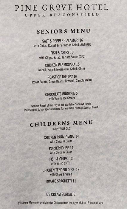 Menu at Pine Grove Hotel restaurant, Beaconsfield Upper