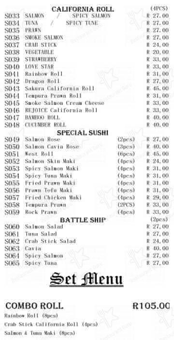 Menu at Rejoice sushi bar, Sandton