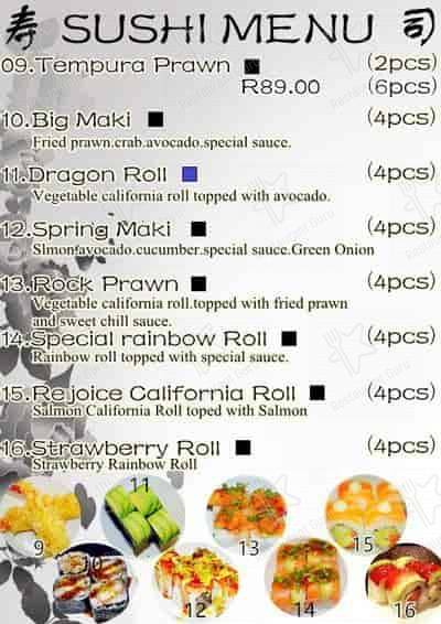 Menu at Rejoice sushi bar, Sandton
