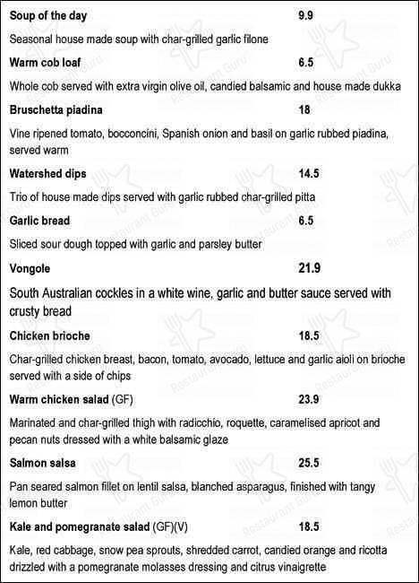 Menu at The Watershed Function Centre & Cafe, Mawson Lakes