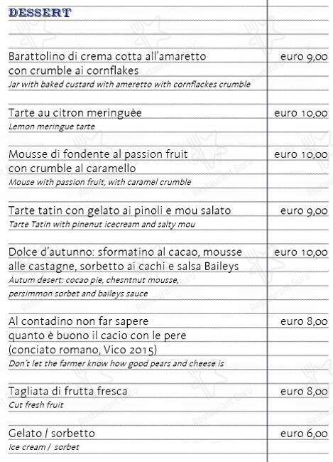 Menu at Coromandel restaurant, Rome