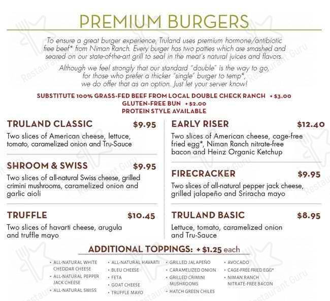 Menu at Truland Burgers & Greens Tucson pub & bar, Tucson