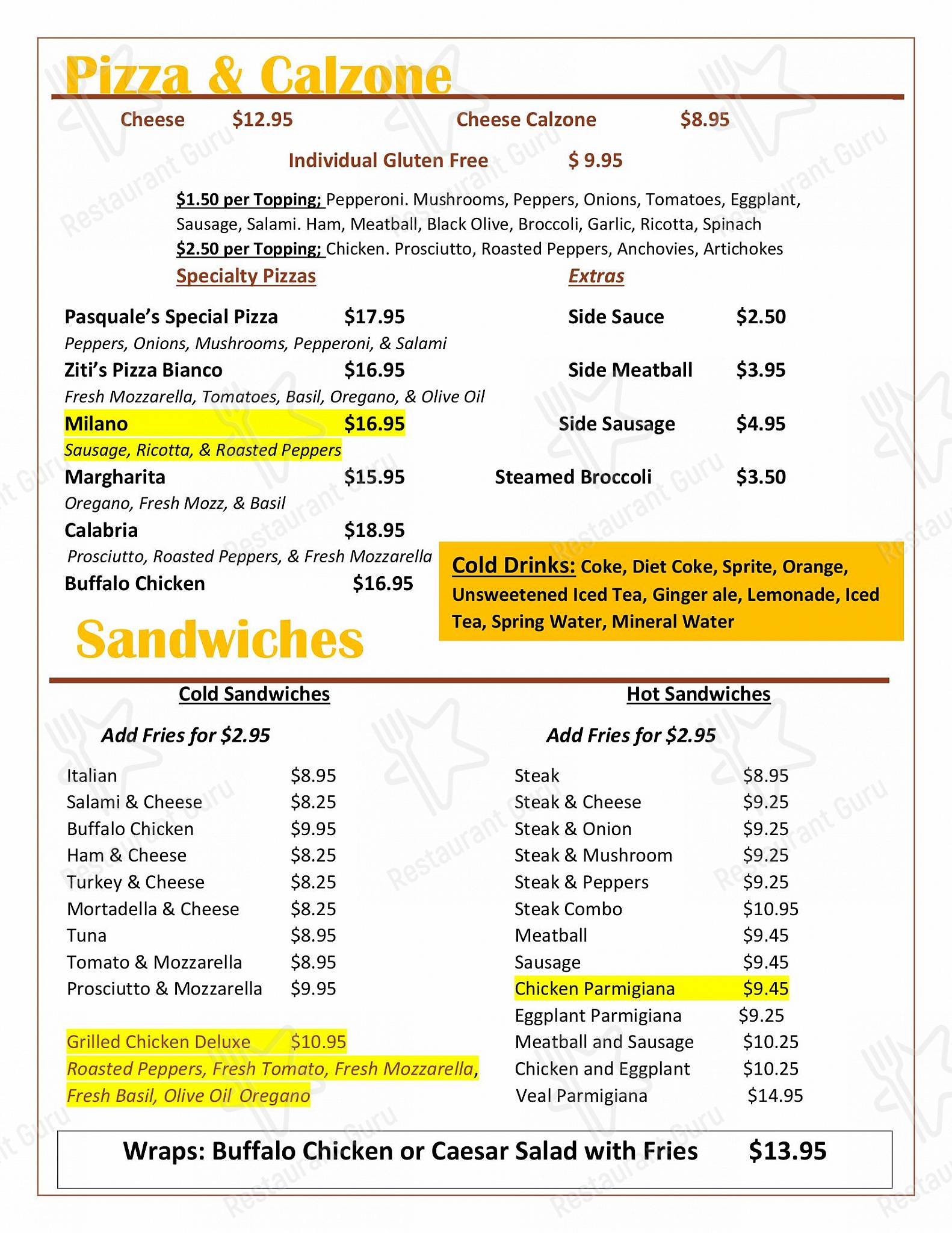 Menu at Ziti's Italian Trattoria pizzeria, Natick