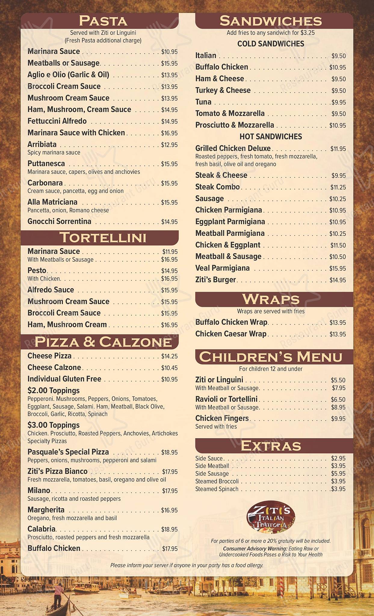 Menu at Ziti's Italian Trattoria pizzeria, Natick