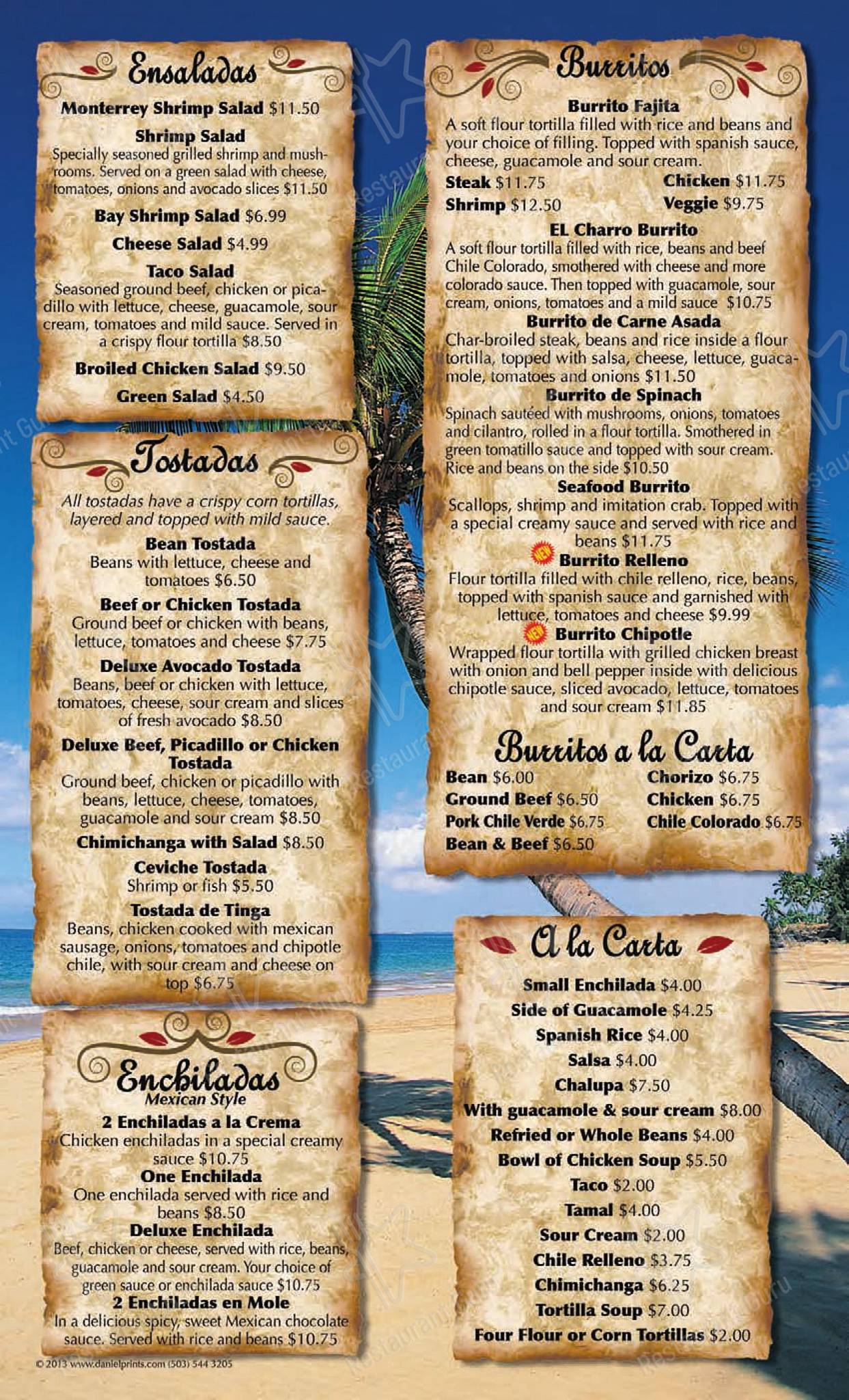 Menu at Ixtapa restaurant, Silverton