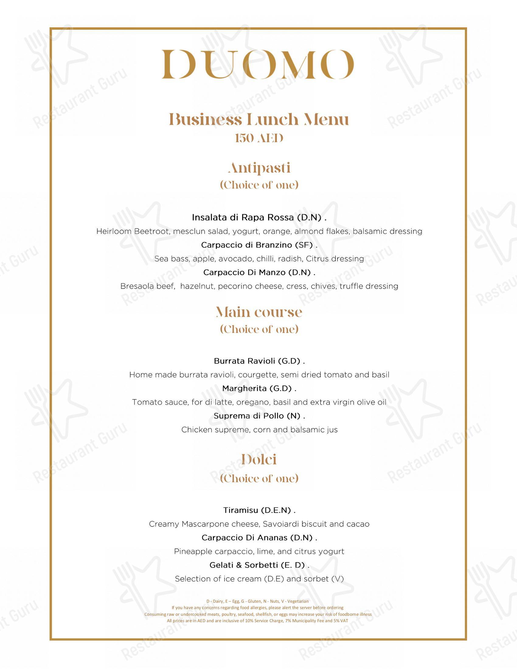 Menu at DUOMO Dubai restaurant, Dubai