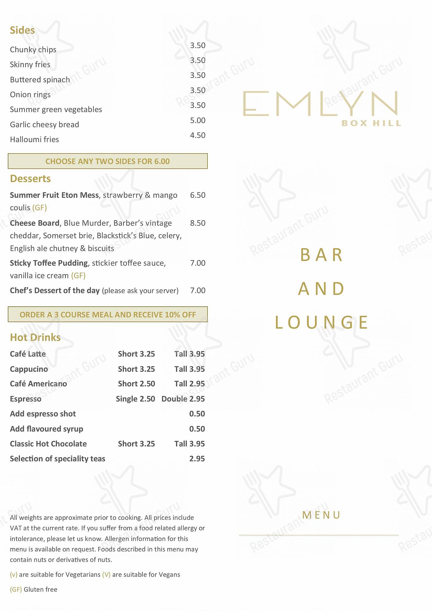 Menu at Emlyn Restaurant, Dorking