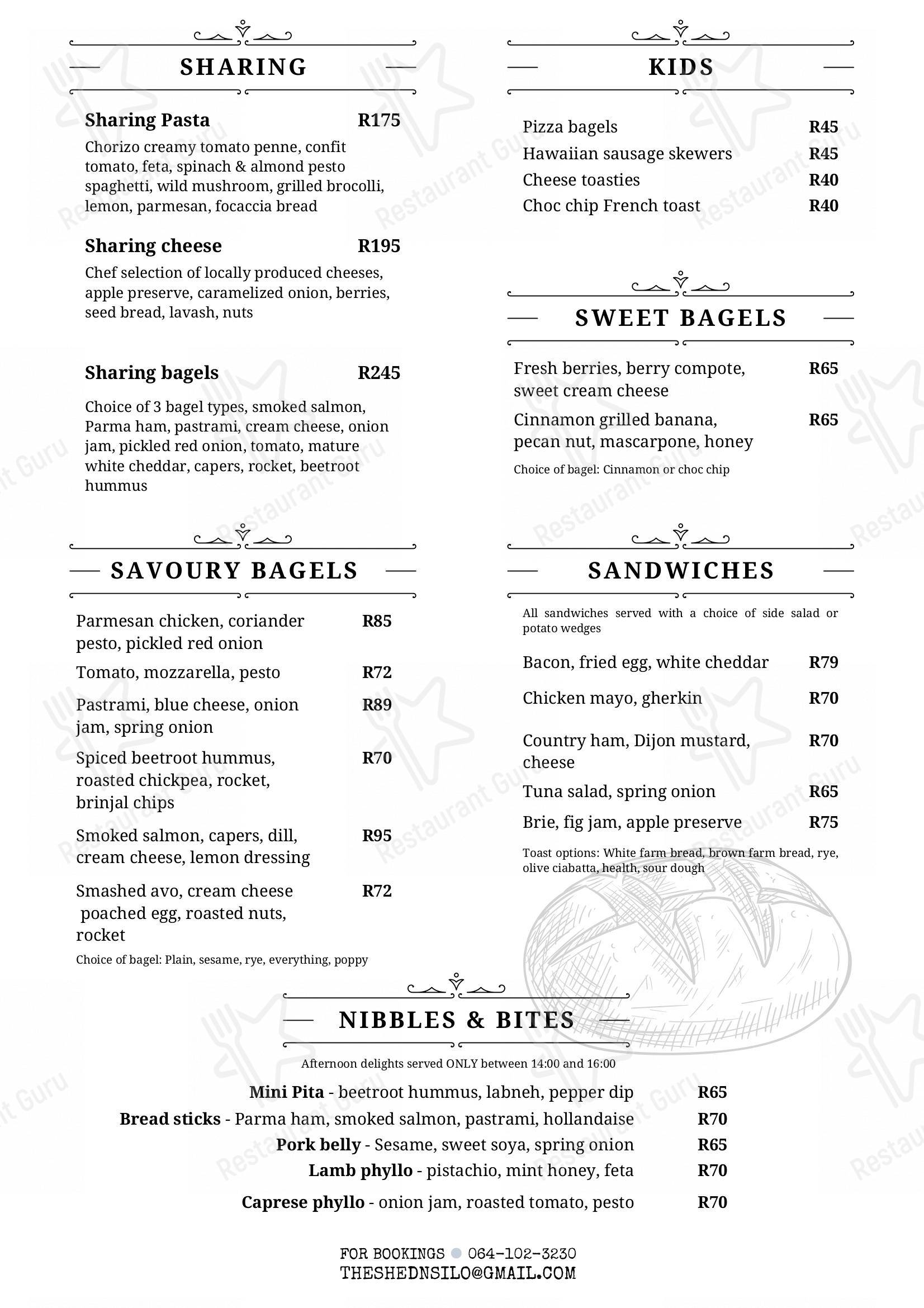 Menu at The Shed & Silo cafe, Benoni