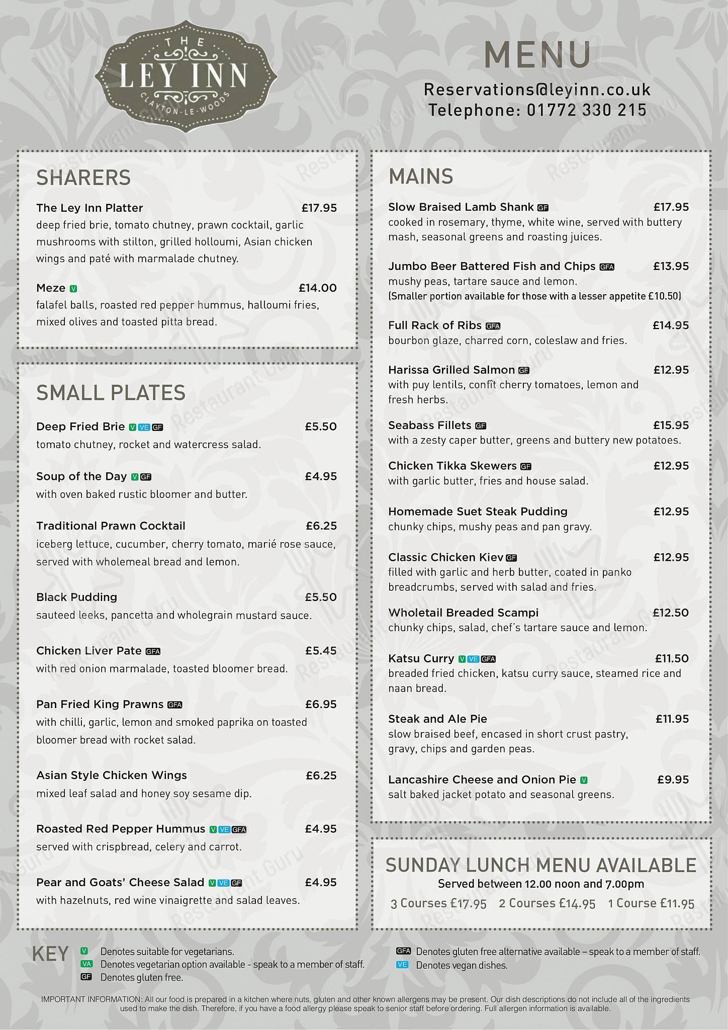 Menu at Ley Inn pub & bar, Chorley