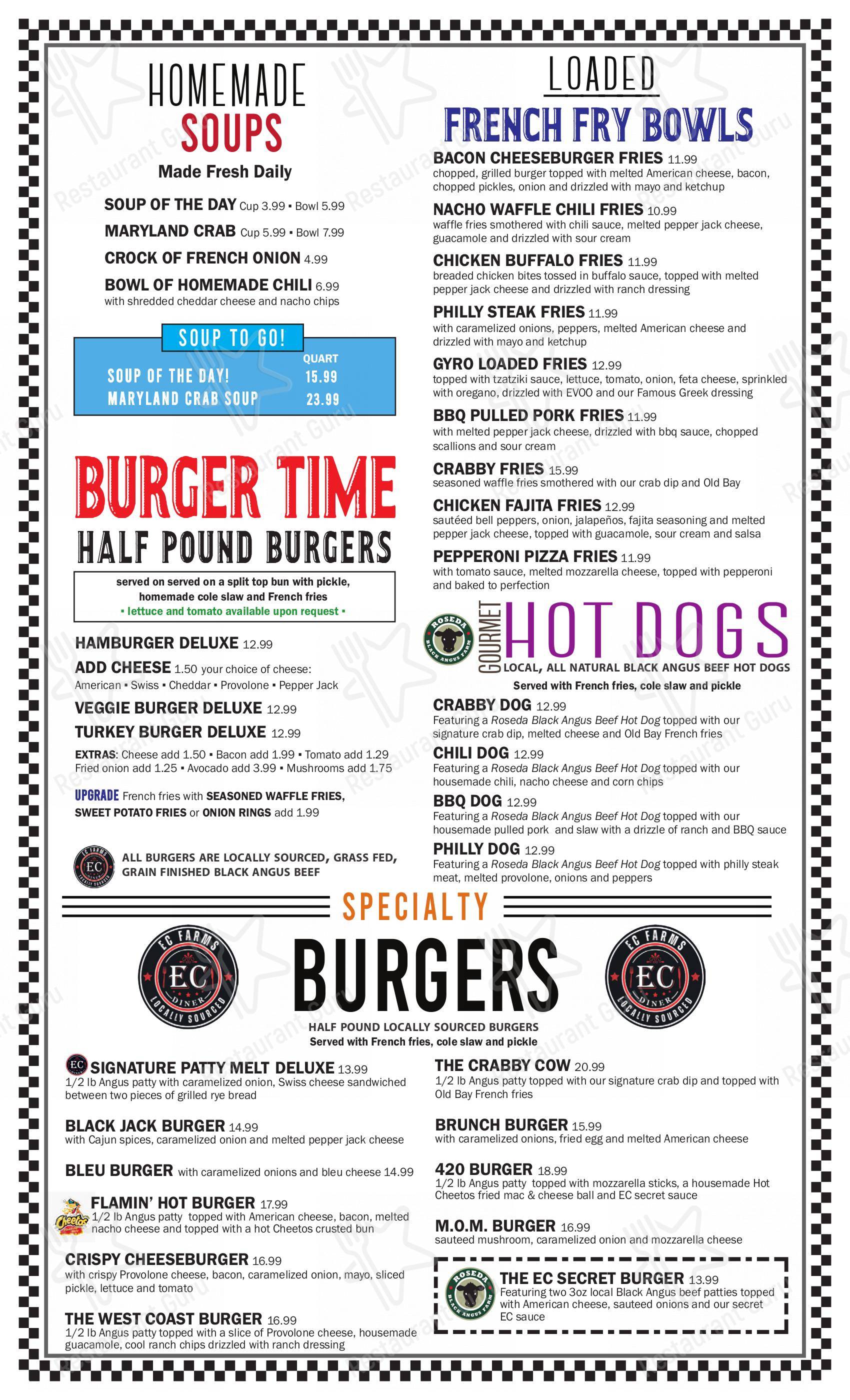 Menu at EC Diner restaurant, Ellicott City