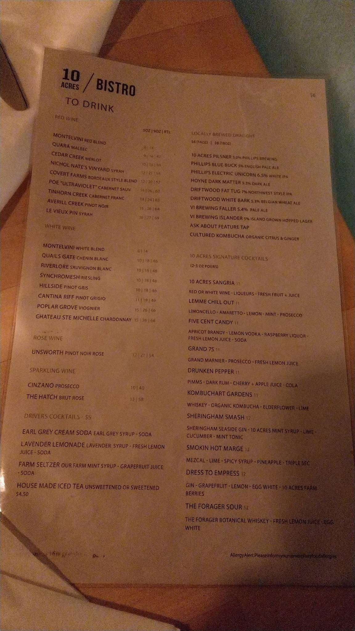Menu at 10 Acres Bistro restaurant, Victoria