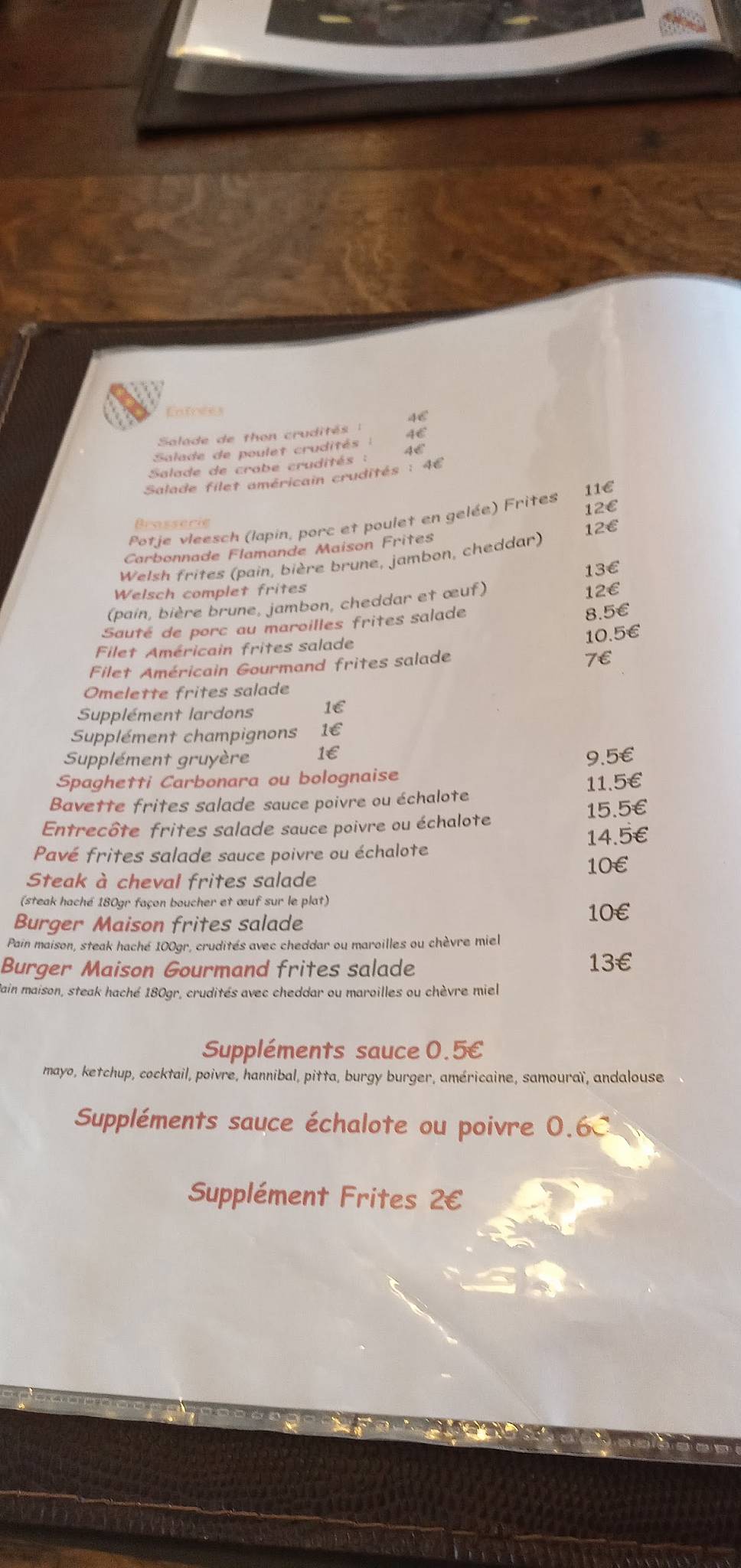 Menu au À l'Estaminet des Dunes restaurant, Ghyvelde