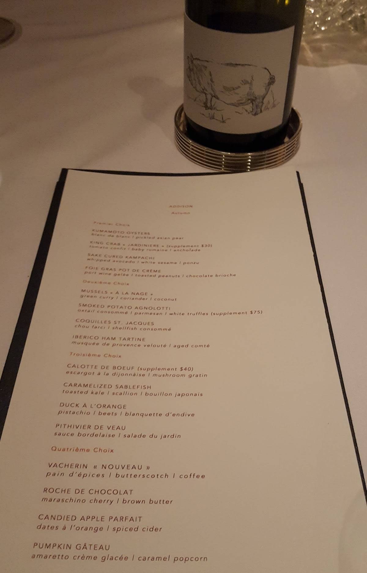 Menu at ADDISON restaurant, San Diego