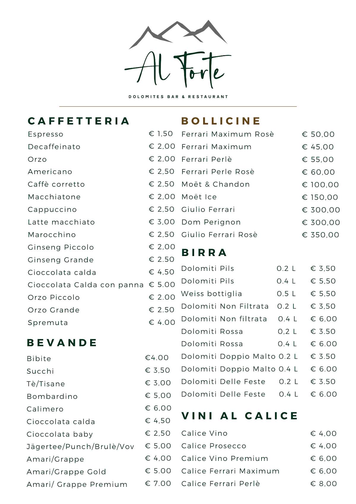 Menu da Al Forte Dolomites - Restaurant & Bar, Madonna di Campiglio