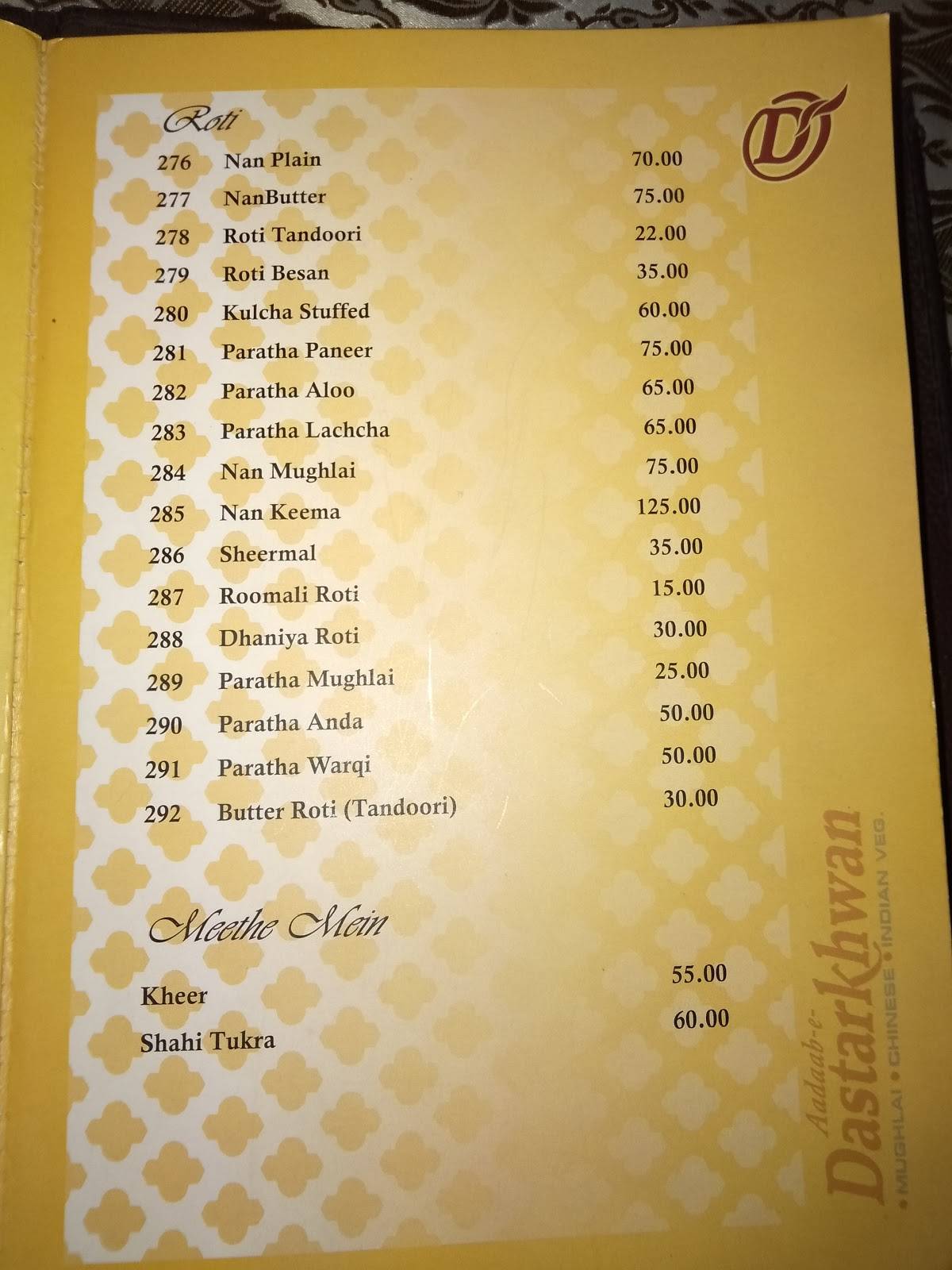 Menu at Aadab-e-Dastarkhwan Restaurant, Lucknow, Umrao Plaza