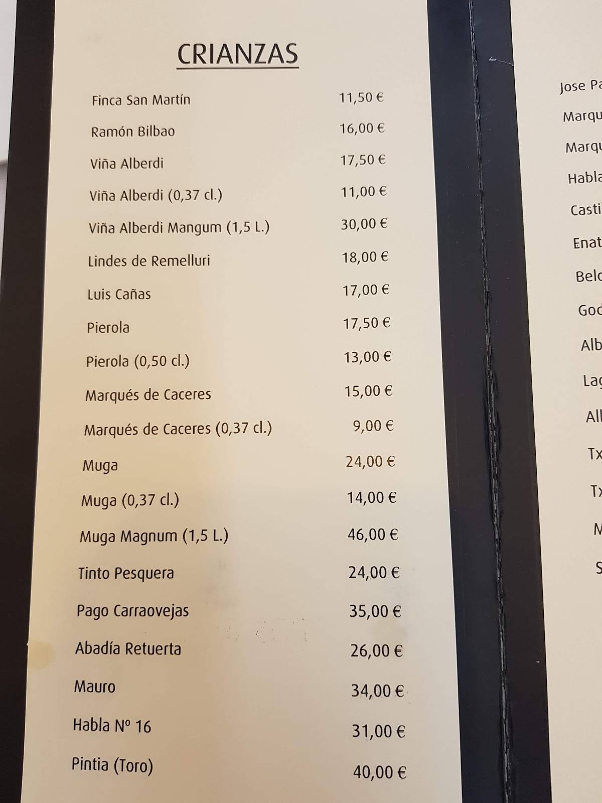 Carta de Abarka Jatetxea, Fuenterrabía