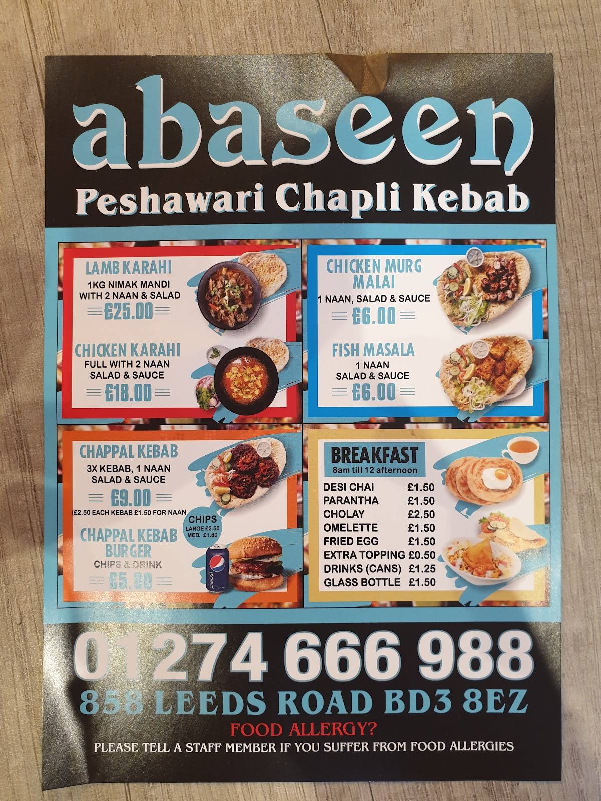Menu at Abaseen restaurant, Bradford, 858 Leeds Rd
