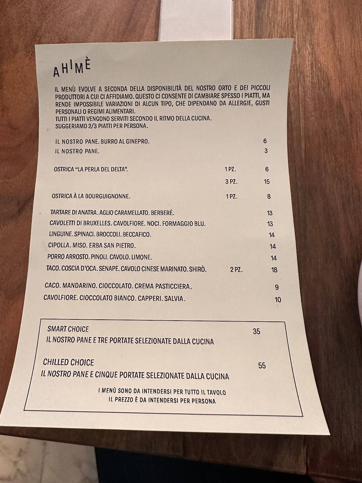 Menu at Ahimè restaurant, Bologna, Via S. Gervasio