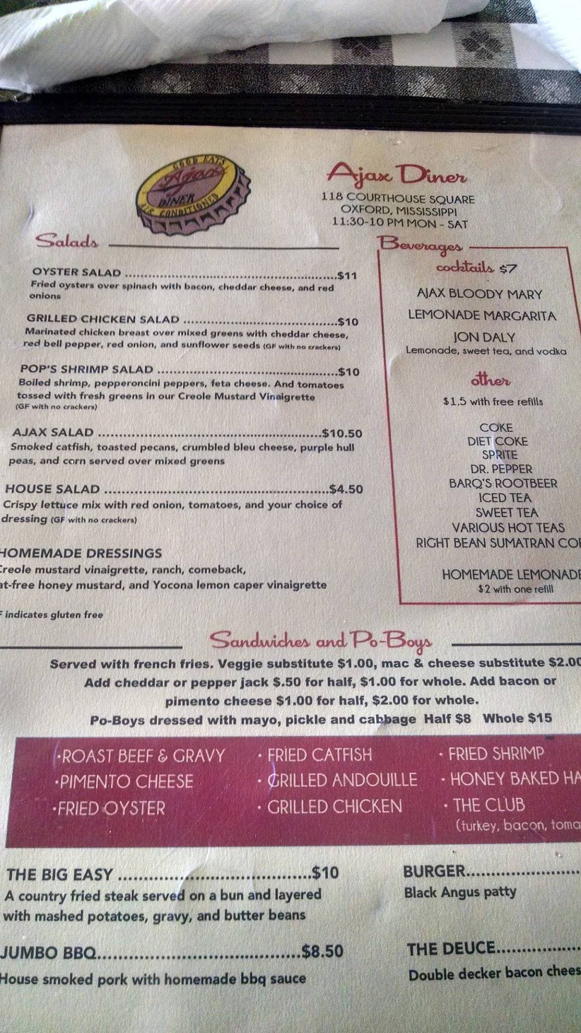 Menu at Ajax Diner restaurant, Oxford