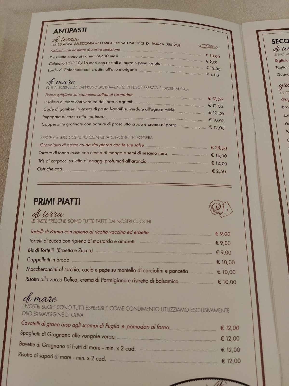 Menu da Al Fornello pizzeria, Parma