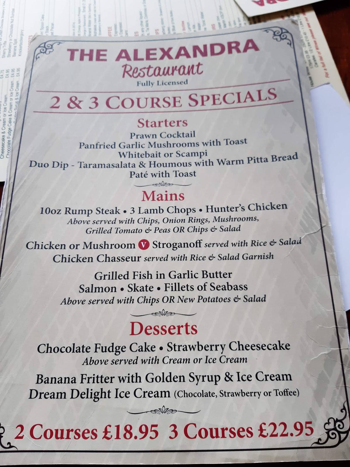 Menu at Alexandra Restaurant, Great Yarmouth