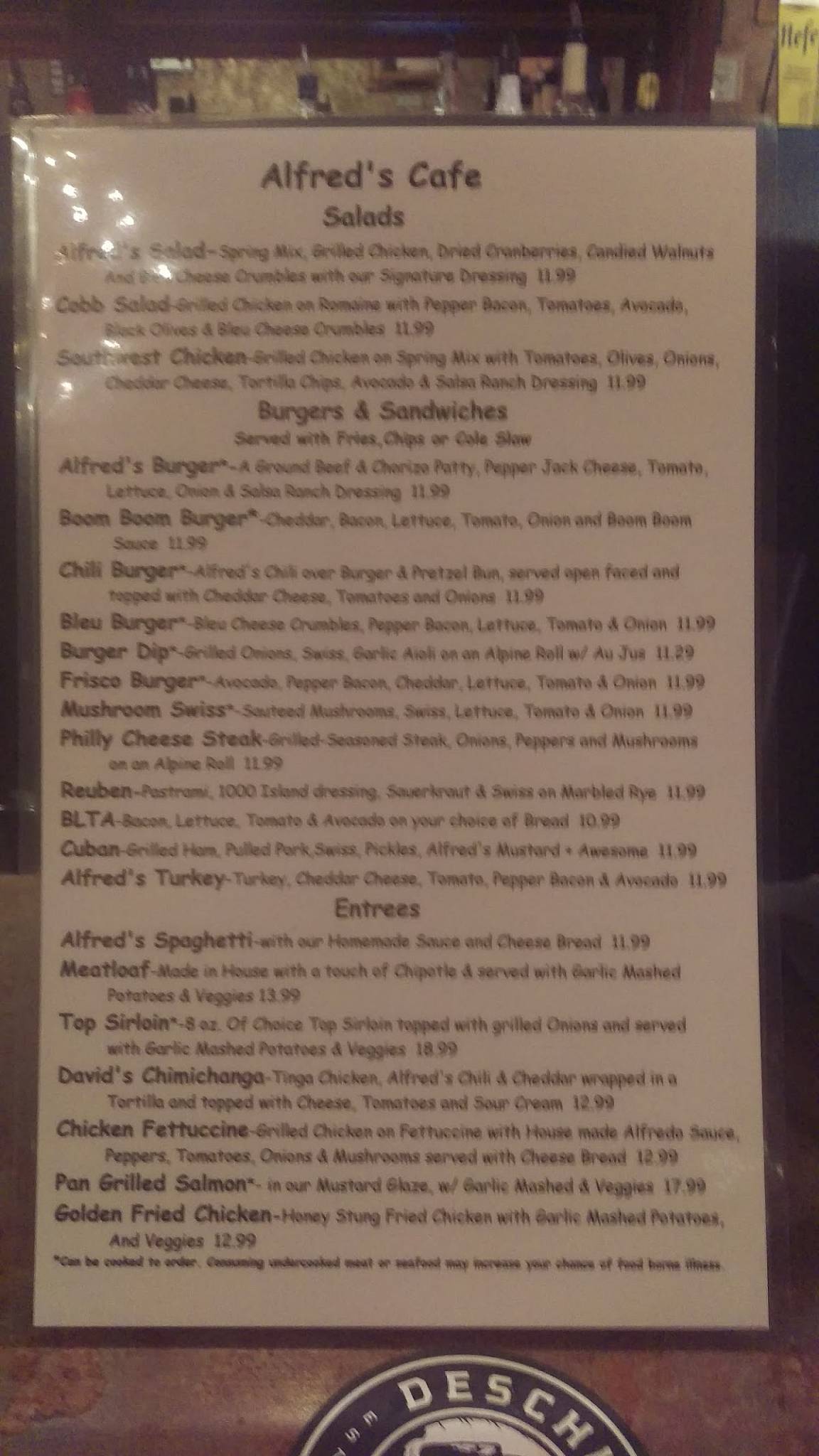 Menu at Alfred's Cafe, Tacoma